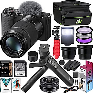 Sony ZV-E10 Mirrorless Camera 2 Lens Vlogger Kit 16-50mm + 55-210mm ILCZV-E10L/B Black Bundle with ACCVC1 Including GP-VPT2BT Grip + Filters + Wide & Telephoto Lenses + Deco Gear Case & Accessories