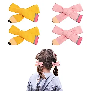 Fepibur 4 PCS Back To School Hair Clips for Girls, Hand Painted Yellow and Pink Pencil Bows, Hair Accessories for Little Teen Toddler Girls Students