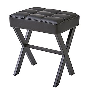 IBUYKE Square Makeup Stool with X-Leg Foot Rest, PU Footrest Stool, Ottoman Seat Vanity Stool, Multi-Use as Small Side Table, for Bedroom, Living Room, Black LG-71B
