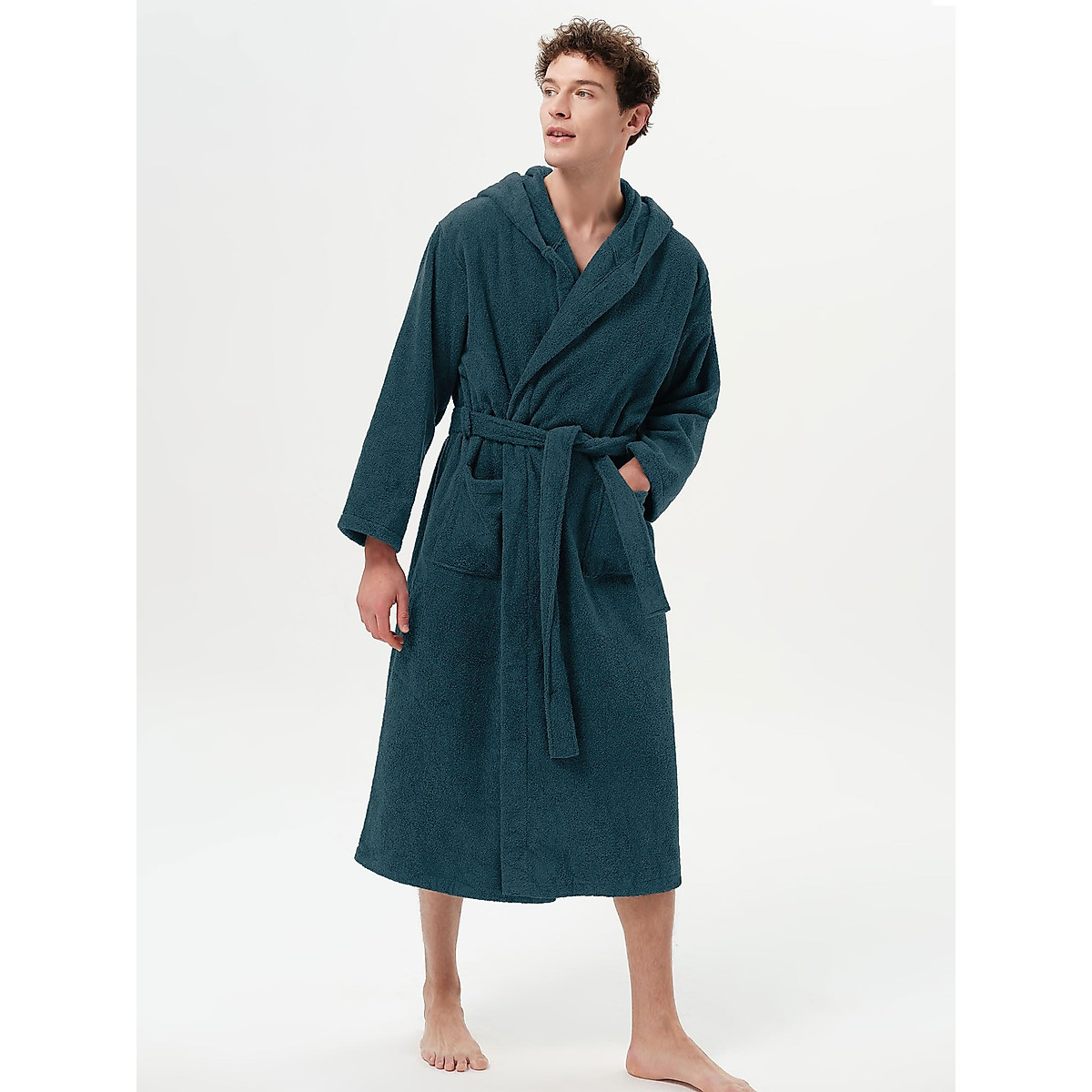 SIORO Terry Cloth Robes for Men Cotton Towel Hooded Bathrobe Long Bath Big & Tall Loungewear Bathroom Swimming Pool Bath Fluffy House Coat, Ink Blue X-Large