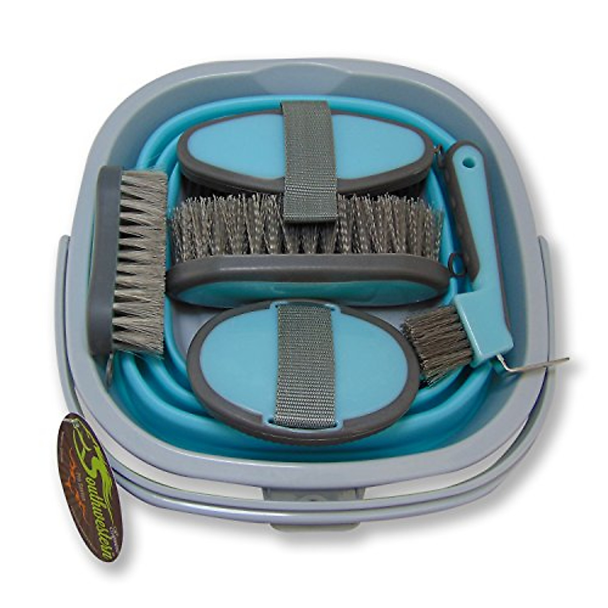 Collapsible Grooming Kit 10 Liter Bucket and 5 Grooming Tools by Southwestern Equine (Turquoise)