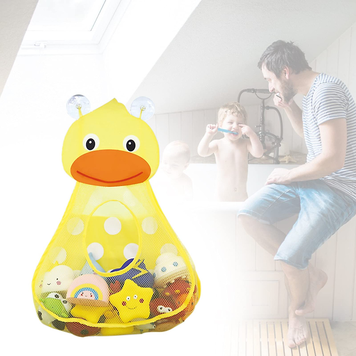 WMLBK Duck and Frog Hanging Storage Bag-2PCS Bath Toy Tidy Storage-Net Suction Cup Bag-Mesh Shower Bathroom Organizer
