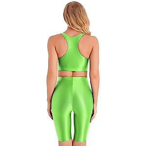 YiZYiF Women Glossy 2 Piece Set Yoga Crop Top Shorts Set Outfits Sleeveless Tracksuit Workout Set Fluorescent Green X-Large
