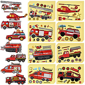 48 Sheets Truck Party Favors Make Your Own Truck Stickers Kits Bulk with 8 Designs Firefighter Red Pickup Patient Trucks Emergency Vehicle for Kindergarten, Festival Present (Fire Engine)