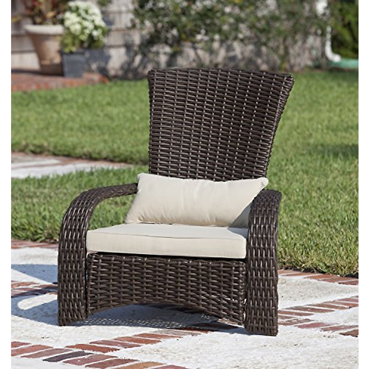 Patio Sense 62172 Deluxe Coconino Wicker Lounge Chair All Weather Wicker Armchair Lightweight Durable Adirondack Style Includes 3" Thick Beige Cushion & Lumbar Pillow - Mocha Finish