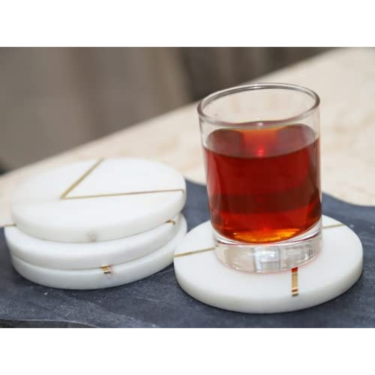 Hand Carved Natural White Marble Coasters - Set of 4 Half Mango Wood or Half Brass - Round Marble Coasters Set for Drinks. Brass/Wood & Marble Home Decor - Marble Coaster Set (Marble & Brass)