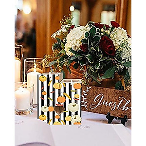 Black Pumpkins Stripes Candle Holder with Tea Light,Vintage Wood Tealight Candle Stick Holder Pillar Centerpiece,Heart-Shaped Wooden Candle Holders Set Fall Thanksgiving Sunflower Rustic Autumn Leaves