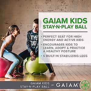 Gaiam Kids Stay-N-Play Ball Children's Balance Ball Chair with Chair Bands - Flexible School Active Classroom Desk Alternative Seating with Chair Fidget Band - Built-in Stability Legs - 45cm, Grey