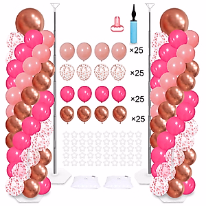2 Sets Balloon Column Stand Kit with 100 Balloons 6 Ft Adjustable Balloon Stands Kit for Floor Metallic Rose Red Balloon Arch Column for Wedding Bridal Shower Valentine's Day Decorations