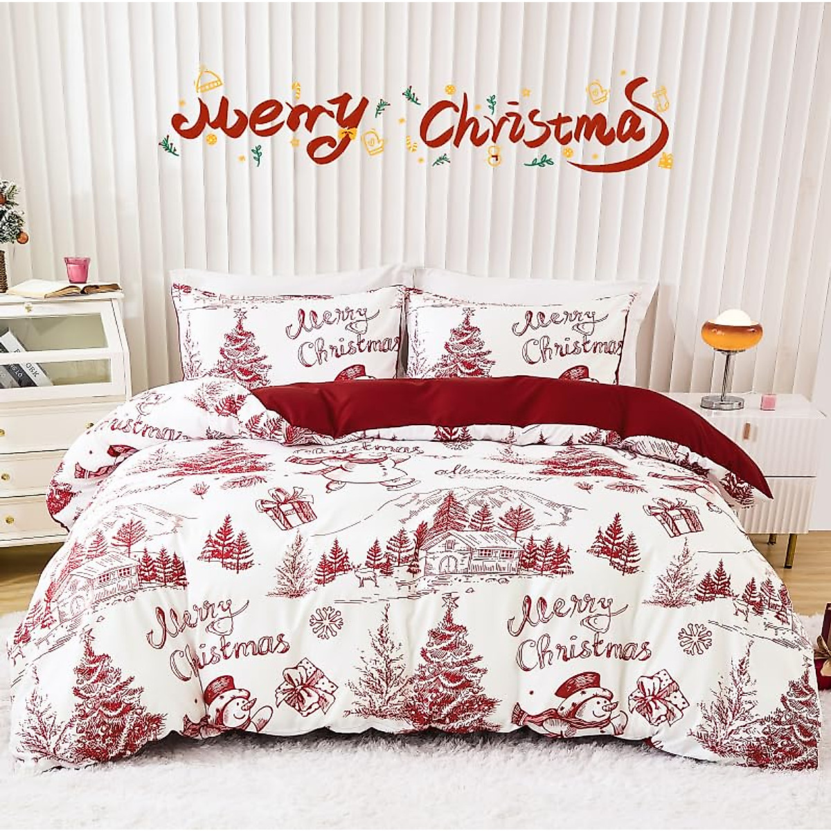 Drucon Christmas Duvet Cover Set Queen Size 3 Pieces Soft Microfiber Breathable Bedding Set Red Christmas Snowman Pattern Duvet Cover with 2 Pillowcases