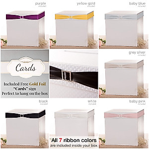 Merry Expressions White Wedding Card Box for Party with 7 Ribbons, Gift Card Box Holder For Birthday, Graduation, Reception, Sweet 16, Bridal or Baby Shower Party Large 10"x10"x10" inches