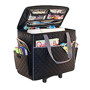 Everything Mary Sewing Machine Rolling Carrying Case, Black Quilted - Trolley Bag with Wheels For Brother, Bernina, Singer & Most Machines - Wheeled Tote Carrier for Notions & Crafts