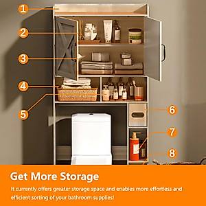 JOKOLO Over The Toilet Storage Cabinet,Freestanding Wooden Bathroom Organizer with 2-Door Toilet Storage Rack,66 Inches Height,Grey