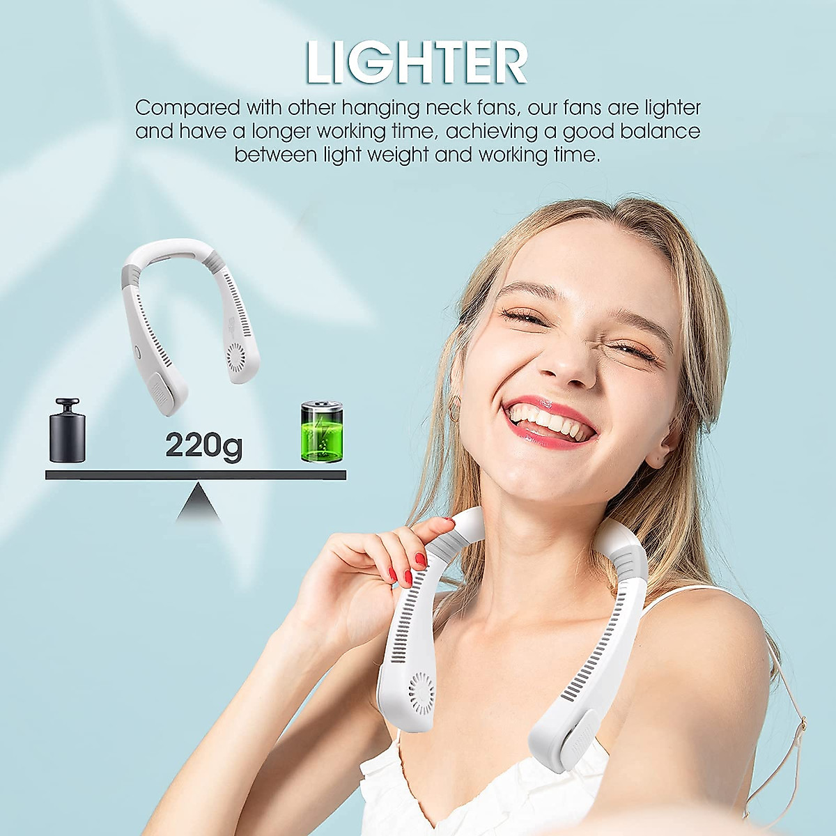 MQUPIN Portable Neck Fan, Hands Free Bladeless Fan, Large Capacity Battery Operated 3 Wind Speed Personal Fan Adjustable,USB Rechargeable for Office,Camping, Hiking, Travel - White