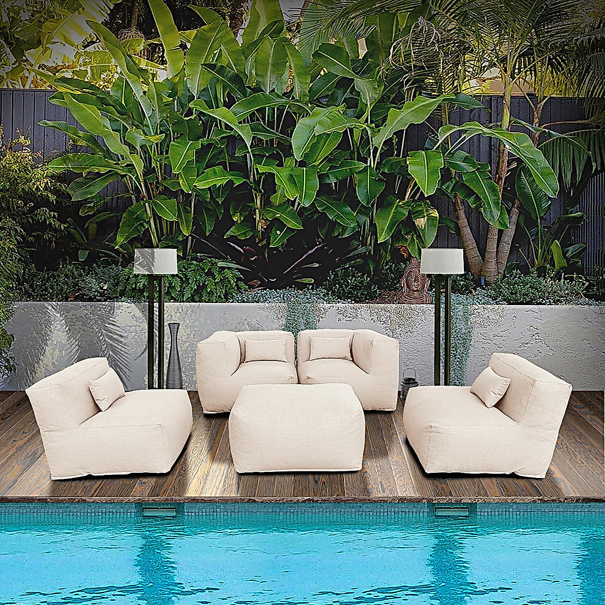 ANNYH Modern Calaluna 5Pc OUTDOOR Furniture Sectional Conversation Set- COMBINATION of 2Middle 2Corner 1Ottoman/Coffee-Expansion Foam Filling chairs-A UNIQUE Modular Contemporary Sofa (Sand Beige)