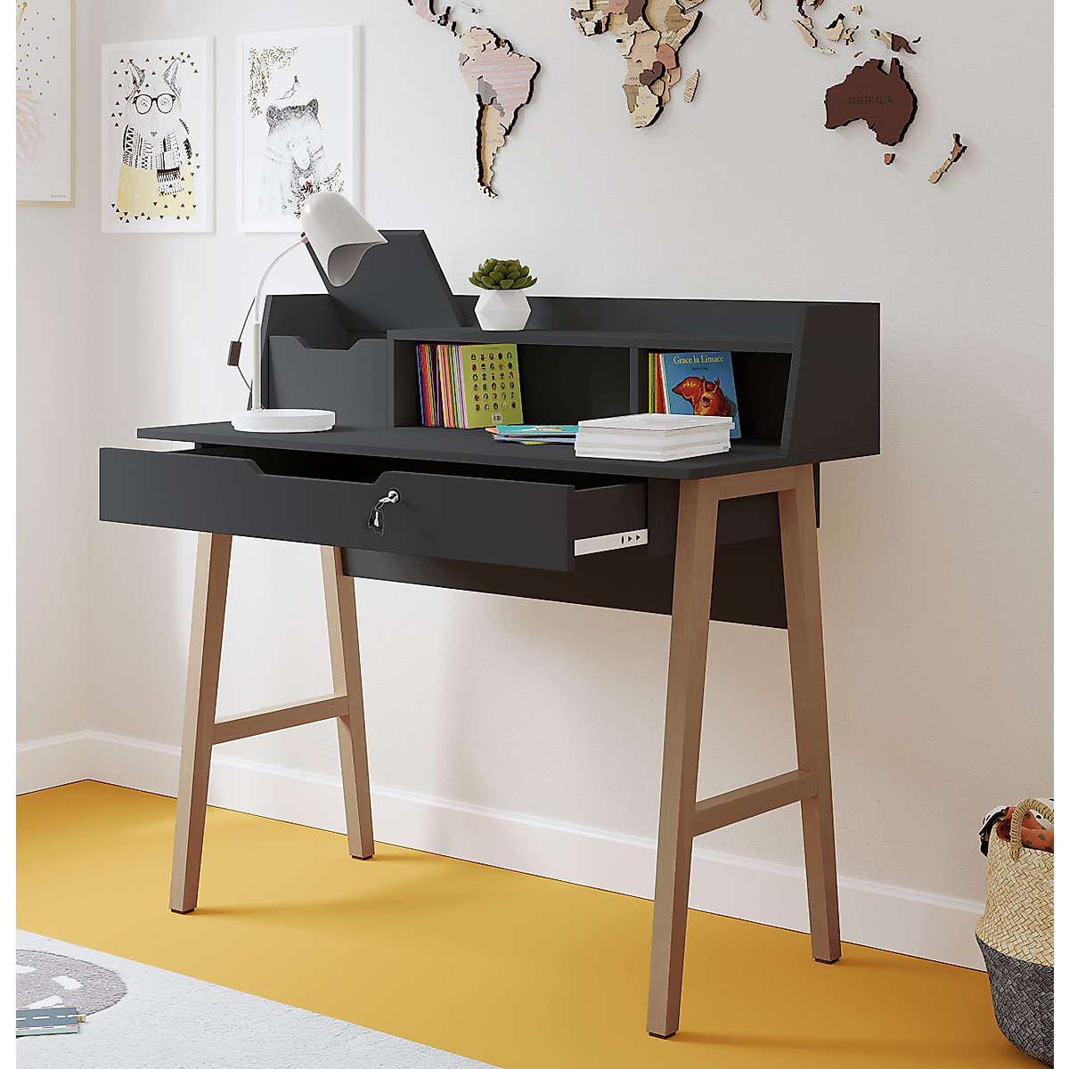 Modern Design Roma Small Desk for Bedroom, 40 inch Black Writing Desk with Hutch and Locking Drawer, by Crafts and Comfort