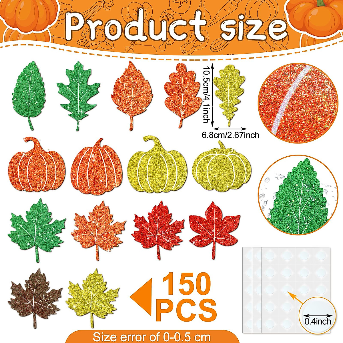 Cholemy 150 Pcs Large Fall Leaves Pumpkin Cutouts Glitter Paper Fall Leaves Die Cuts Artificial Confetti Maple Leaves Elm Leaf Leaves Pumpkin Cutouts for Classroom Bulletin Board Thanksgiving Autumn