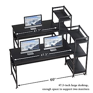 CharaVector Tower Computer Desk 60 inch with 4 Tier Storage Shelves ，Modern Writing Desk with Bookshelf PC Desk Study Writing Table for Home Office，Black