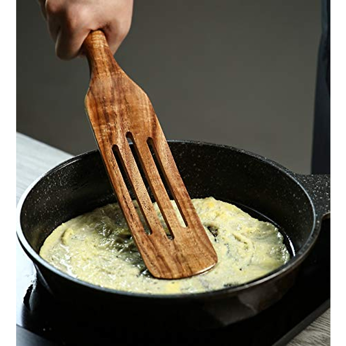 Wooden Cooking Utensils, NAYAHOSE 5 Pcs Natural Teak Kitchen Utensil Set Heat Resistant Non Stick Wood Cookware with Hanging Hole, Slotted Spurtle Spatula Sets for Stirring, Mixing, Serving