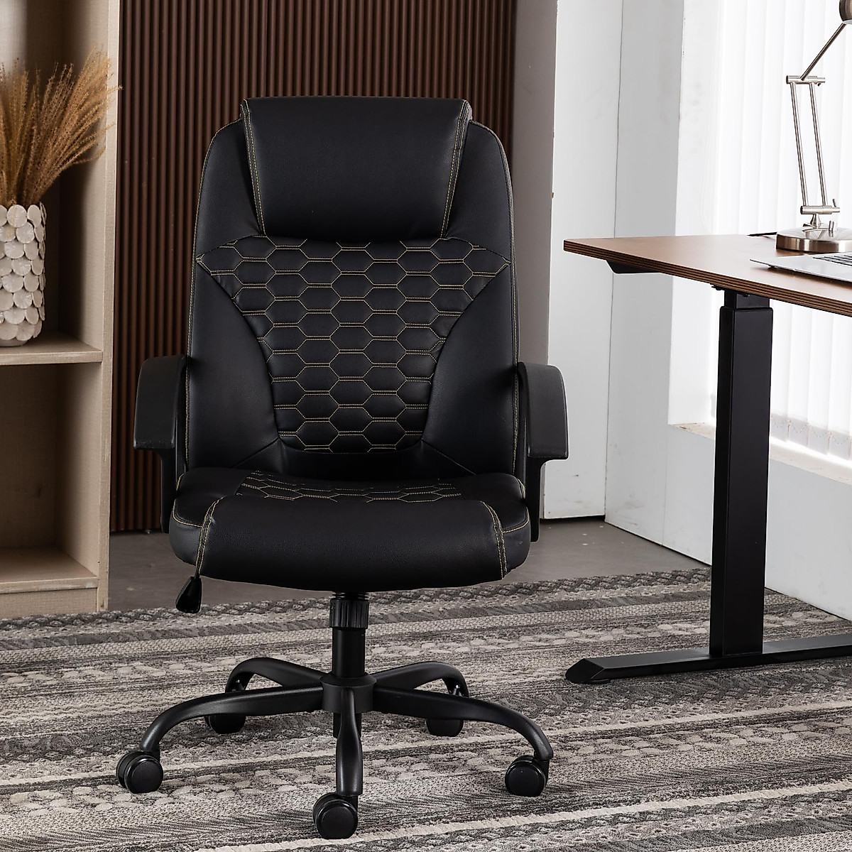 Office Chair Executive Office Desk Chair High Back Adjustable Ergonomic Managerial Rolling Swivel Task Chair Computer PU Leather Home Office Desk Chairs with Lumbar Support (Black,Gold Stitching)
