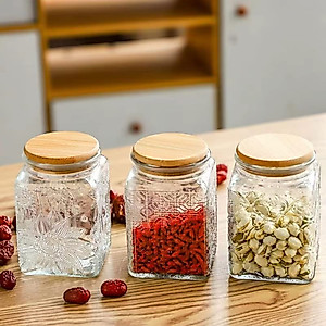 Square Glass Jar, 25.3 FL OZ Vintage Decorative Glass Storage Jar with Bamboo Lid, Glass Food Storage Containers for Candy, Cookies, Coffee, Tea, Cute Jar (Square-Sunflower)
