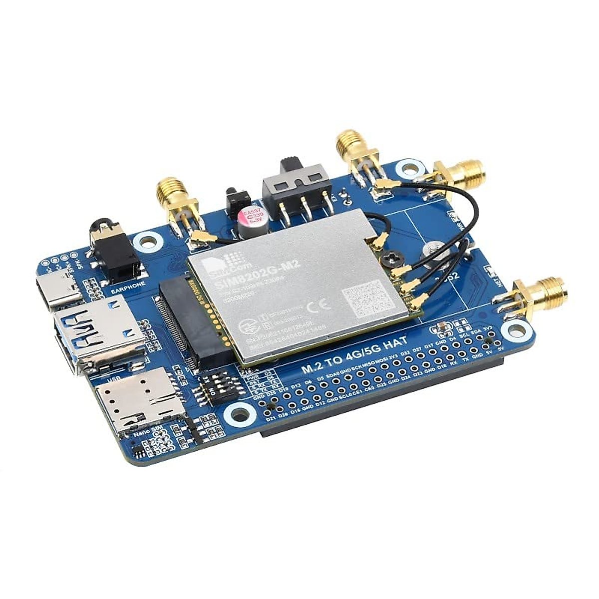 waveshare SIM8202G-M2 5G HAT (B) for Raspberry Pi Snapdragon X55 Quad Antennas 5G NSA Multi Band 5G/4G/3G Compatible Applicable for Regions with 5G Sub-6G Signal Coverage