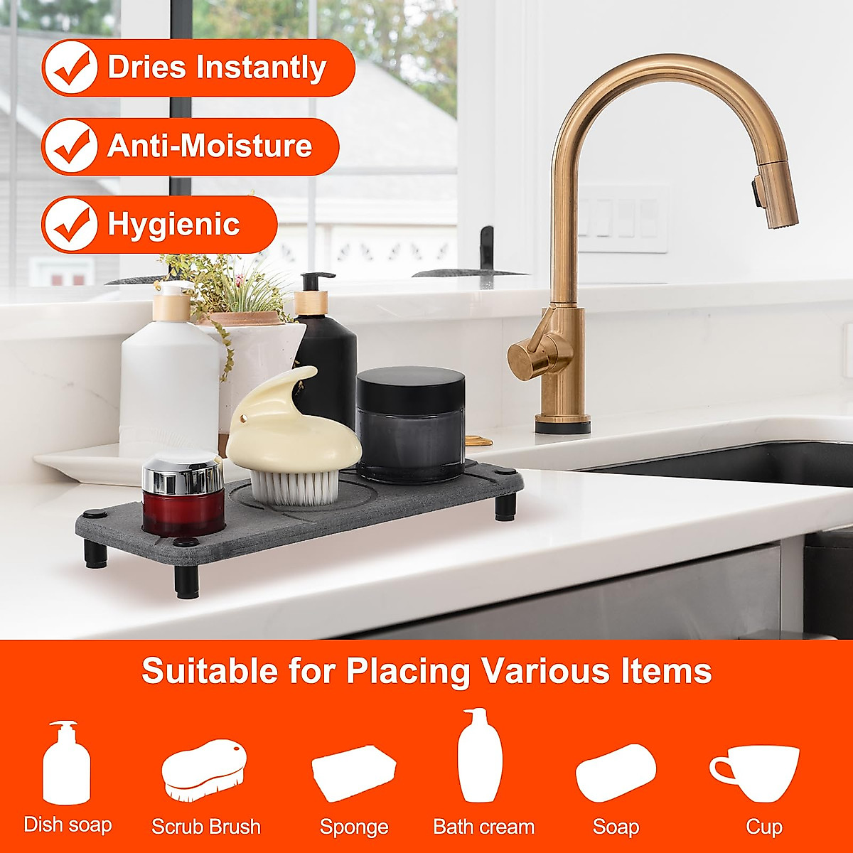 uxcell 2pcs Instant Dry Sink Organizer, Fast Drying Stone Sink Tray, Water Absorbing Stone Tray with Stainless Steel Feet for Bathroom Organization Grey