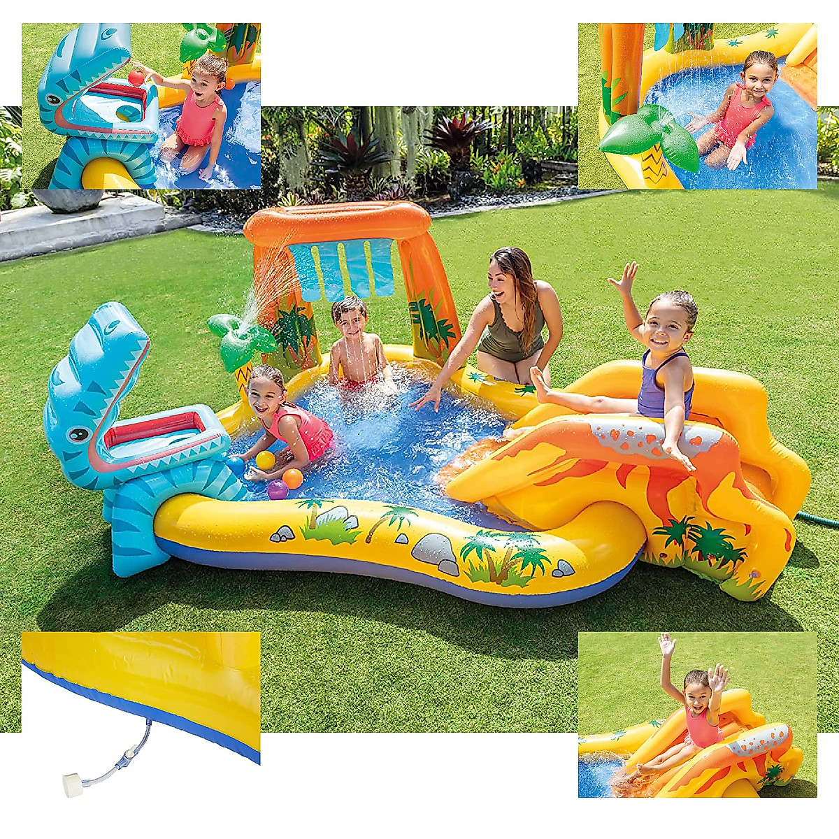 Aventis Kids Dinosaur Inflatable Play Center Fun in The Sun Water Pool Bundle with Matching Adorable Shark Hooded Towel, Stylish Beach Tote, Classic Sunglasses, & Electric Air Pump for Ages 3+