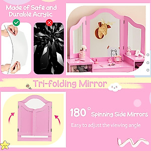 Costzon Kids Vanity, 2 in 1 Princess Makeup Desk & Chair Set with Tri-Folding Mirror, 4 Storage Bins, Wooden Toddler Vanity Dressing Table, Pretend Play Vanity Set for Little Girls (Pink)