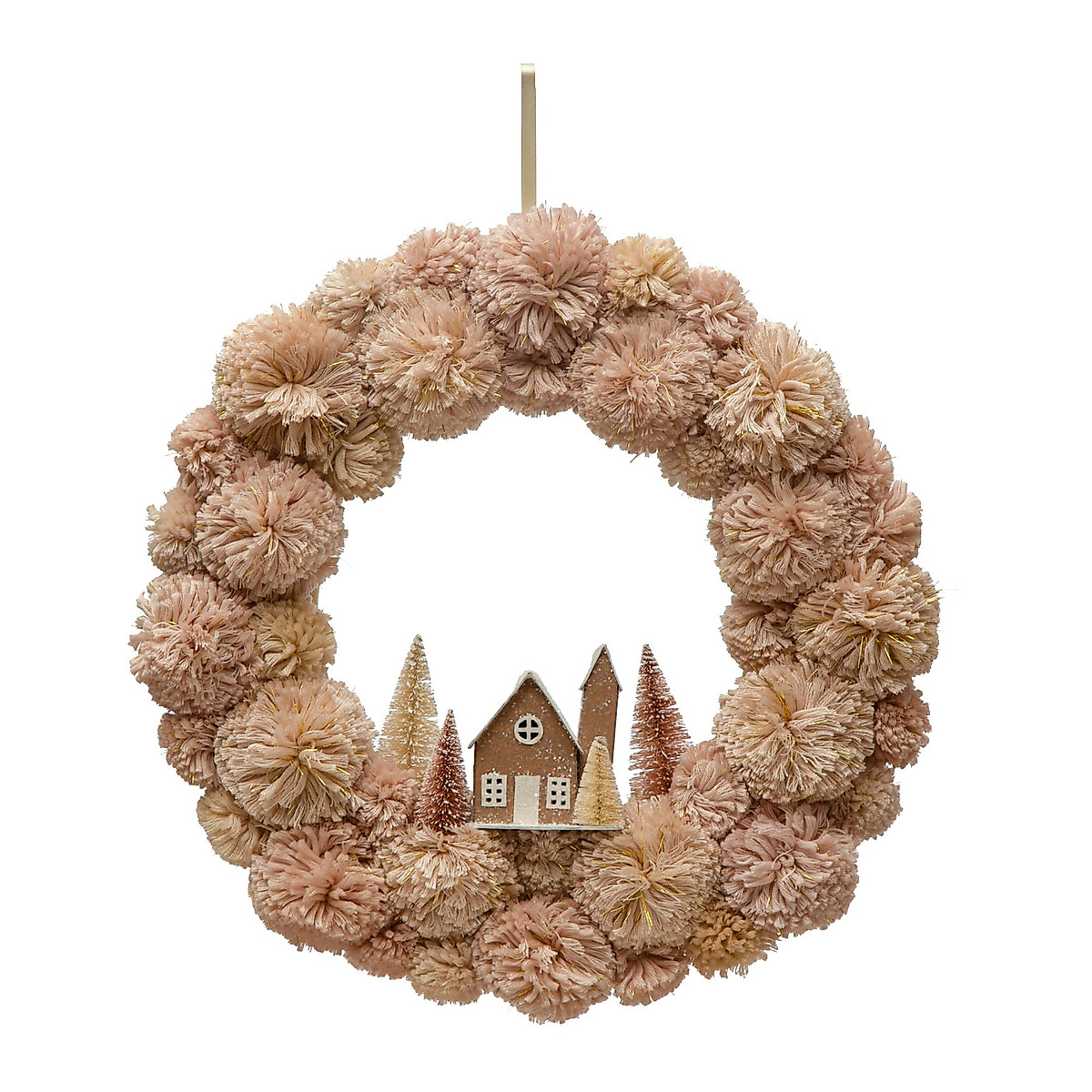 Creative Co-Op Round Pom Pom Wreath with Sisal Bottle Brush Trees and Paper House, Pink
