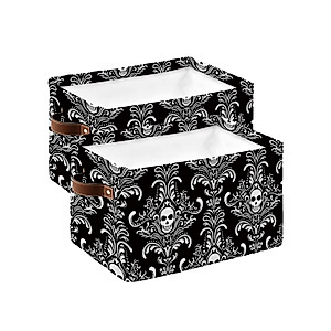 Storage Bins Large Storage Basket,Halloween Scary Skull Skeleton Damask Flower Collapsible Storage Bins with Handle,Black and White Shadow Storage Baskets Cube Organizer for Shelves Closet Nursery