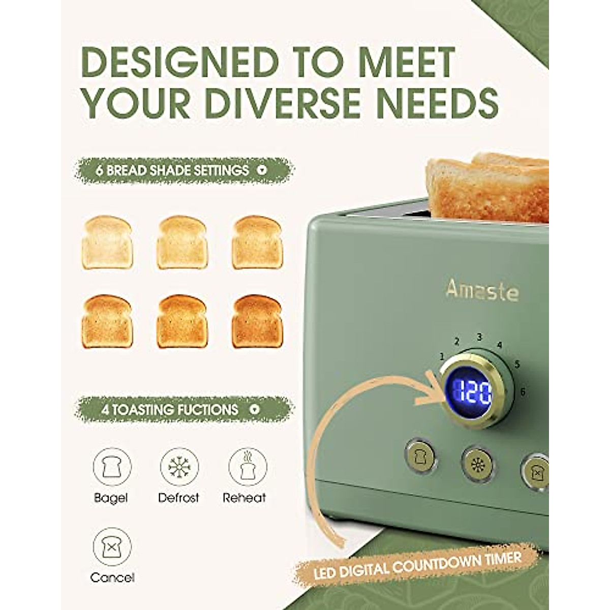 2 Slice Toaster, Retro Bread Toaster with LED Display, Extra Wide Slots Toasters with 6 Bread Shade Settings, Bagel, Cancel, Defrost Function, Stainless Steel with High Lift Lever, Removal Crumb Tray