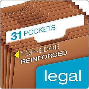 Globe Weis Globe-Weis/Pendaflex Heavy Duty Expanding File, Open Top, 1/3 Cut Tabs, 31 Daily Pockets, Brown, Legal Size (R219DHD)