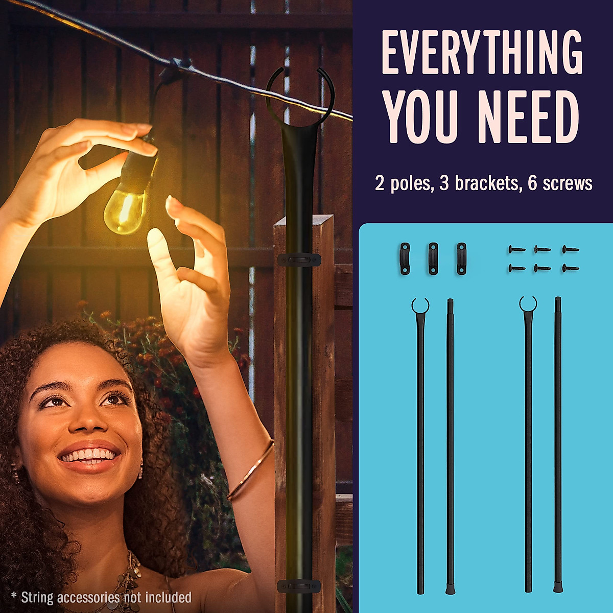 Holiday Styling String Light Poles w/Hooks for Outdoor String Lighting , Metal - Patio Light Accessories Ideal for Backyard, Weddings, and Parties