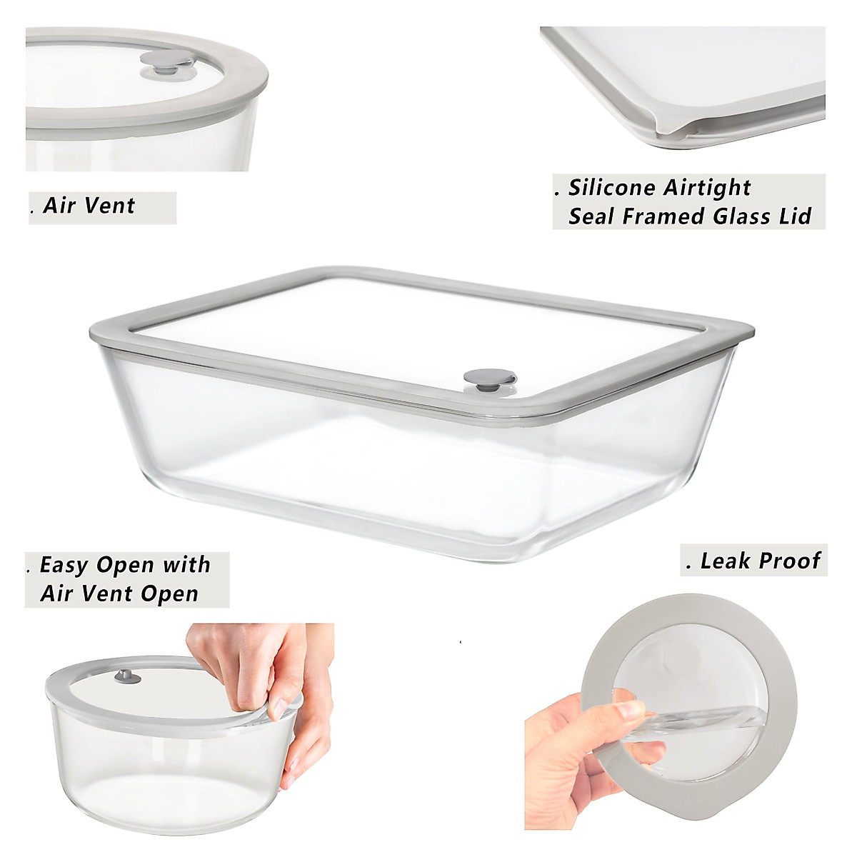 EcoEvo Glass Food Containers with Glass Lid, Microwave Safe Glass Food Storage Container, Large 4 Pack Round Shape, Glass Food Containers with Lids, Glass Meal Prep containers with Leak Proof Lid.