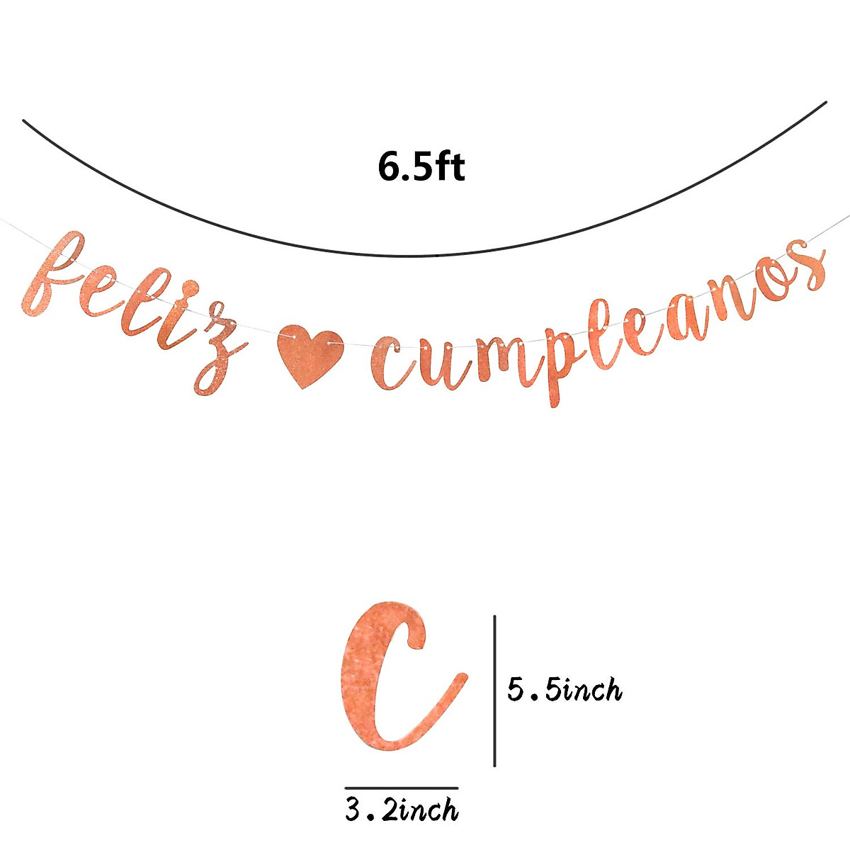 Rose Gold Glitter Feliz Cumpleanos Banner, Bunting Garlands for Celebrating Fiesta Theme/Spanish Birthday/Anniversary Party Decoration (Pre-Strung)