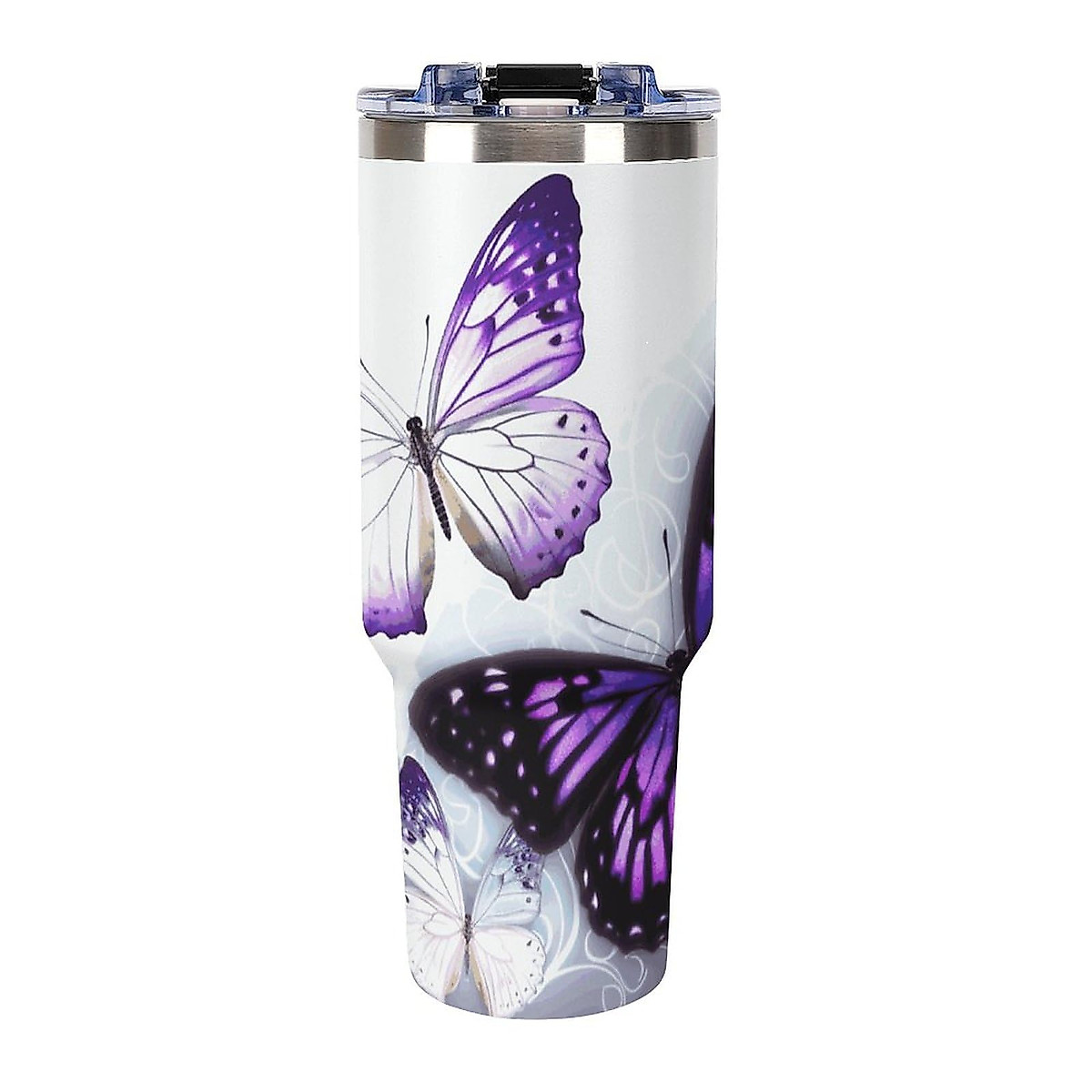 40 Oz Vacuum Tumbler with Deep Blue Handle Leakproof Insulated Tumbler White Purple Butterflies Stainless Steel Travel Mug with Lid And Straw Coffee Cup Cute Water Bottles Cup Holder Friendly