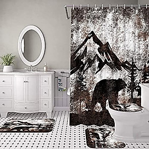 AtGoWac 4 Piece Bear Shower Curtain Sets with Rugs, Bear Bathroom Set Rustic Bear Bath Mat Forest Wild Animal Bear Painting Prints Farmhouse Cabin Shower Curtain Bathroom Decor