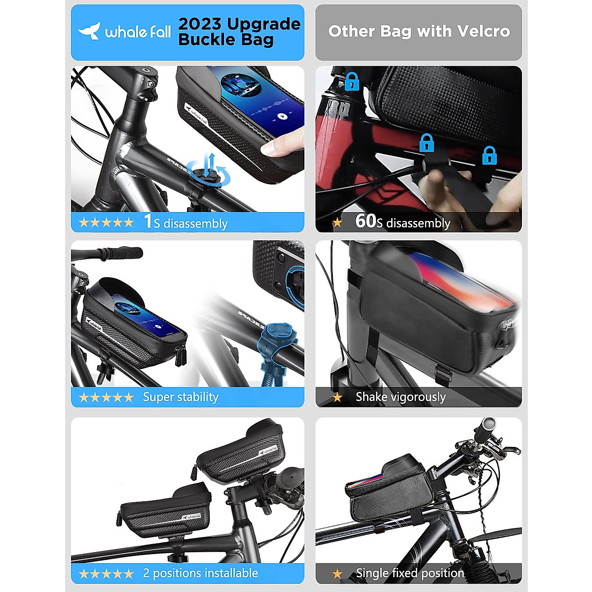 whale fall Newest Portable Bike Bag, Bike Phone Mount, Bike Accessories, Phone Holder for Bike, Sturdy/Waterproof, Germany Bayer 0.25mm TPU, 4” - 6.9” Cellphone, Black, X1 Pro