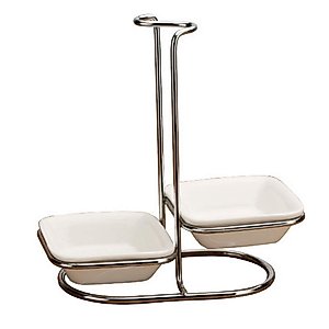 DOITOOL White Ceramic Double Ladle Spoon Rest Holder with Stainless Steel Rack Upright Utensil Holder for Stovetop Kitchen Counter Organization