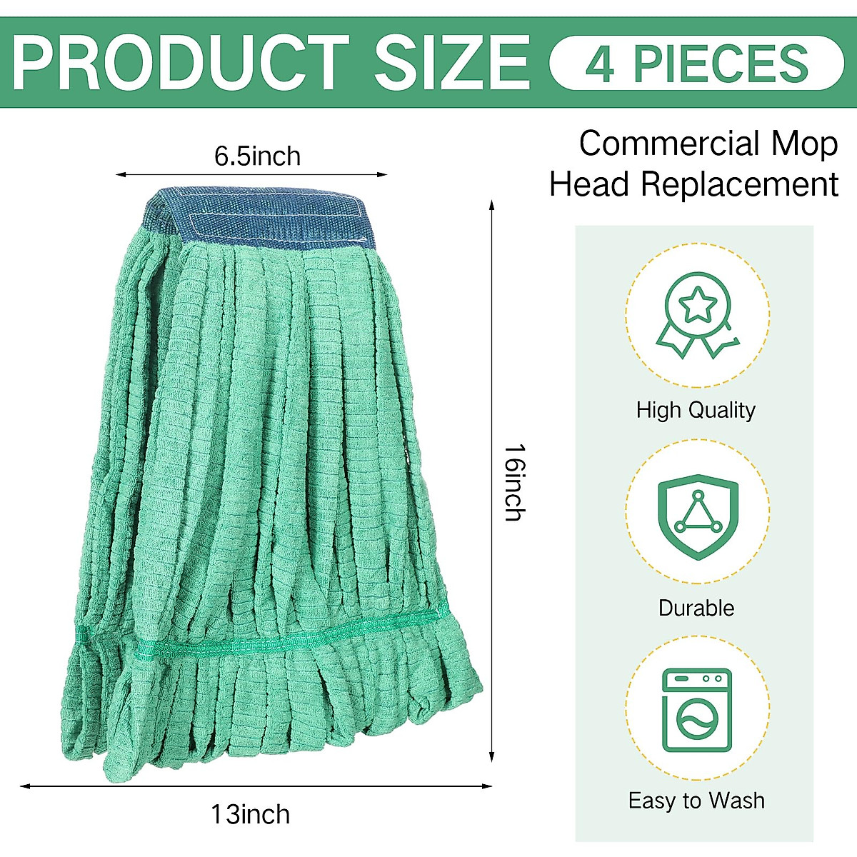 Lallisa 4 Pcs Commercial Mop Head Replacement Tube Microfiber Mop Heads for Floor Cleaning Industrial Mop Heads Looped End Wet Mop Head Refill for Home Commercial Industrial Use (Green,Large)