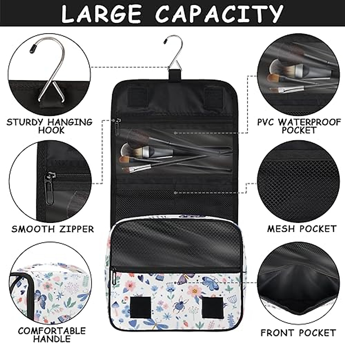 POFATO Butterfly Dragonfly Insect Pattern Travel Toiletry Bag Cosmetic Makeup Bag for Women Men Hanging Hook Wash Toiletries Portable Toiletry Bags Organizer