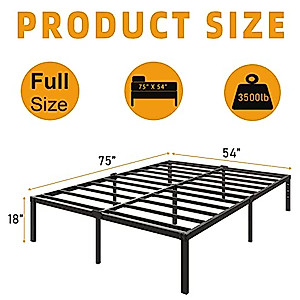 Kilyssa Full Size Bed Frame 18 Inches High, Metal Platform Bed Frames 3500 lbs Heavy Duty Steel Slat Support Easy Assembly Bed Frames Full Noise Free No Box Spring Needed,Black