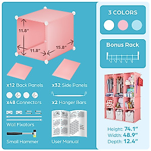 CUBEDIY Baby Closet Organizer for Nursery: Durable Baby Wardrobe for Closet - Customizable Baby Armoire - Baby Dresser Closet Shelves - Waterproof Shelf Clothes Organizer w/Wall Fixation (Pink)