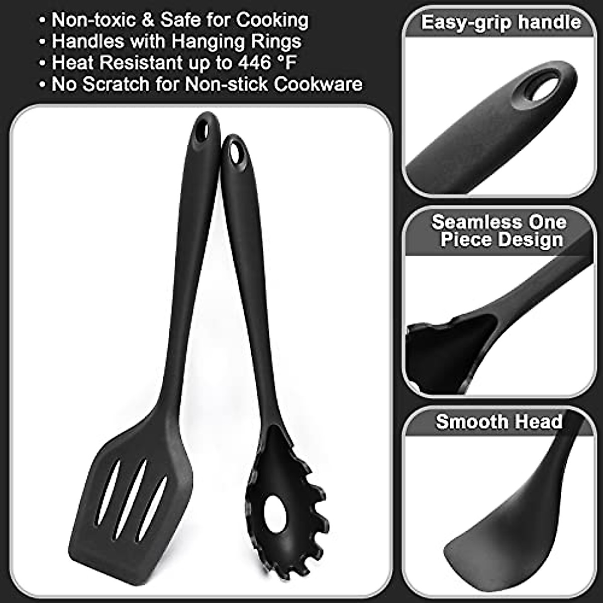Silicone Cooking Utensils Set, 28PCS Kitchen Utensils Set with Holder, AIKWI Heat-Resistant & Non-stick Silicone Spatula, Tongs,Spoon for Cooking, BPA Free Kitchen Tools Gift (Black)