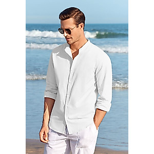 Makkrom Men Linen Shirt Button Down Long Sleeve Cotton Beach Band Collar Casual Summer Shirts