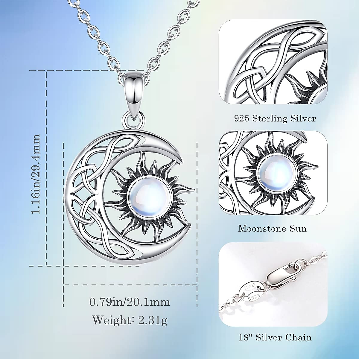 Vito Celtic Moon and Sun Necklace for Women, Sterling Silver Vintage Crescent Pendant Oxidized Moonstone Jewelry Gift for Wife, 18 Inch Chain