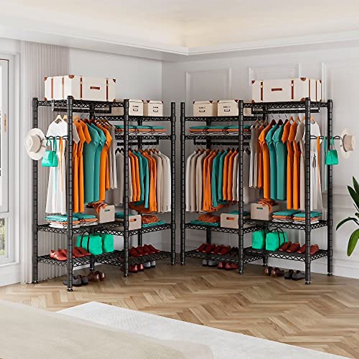 PUNION Clothing Rack 7 Tiers Heavy Duty Clothes Rack with 2 Hanging Rods, Wire Garment Racks for Hanging Clothes, Large Portable Metal Wardrobe Clothes, 48"L X 16"W X 71"H, Max Load 620lbs Black, GR7E