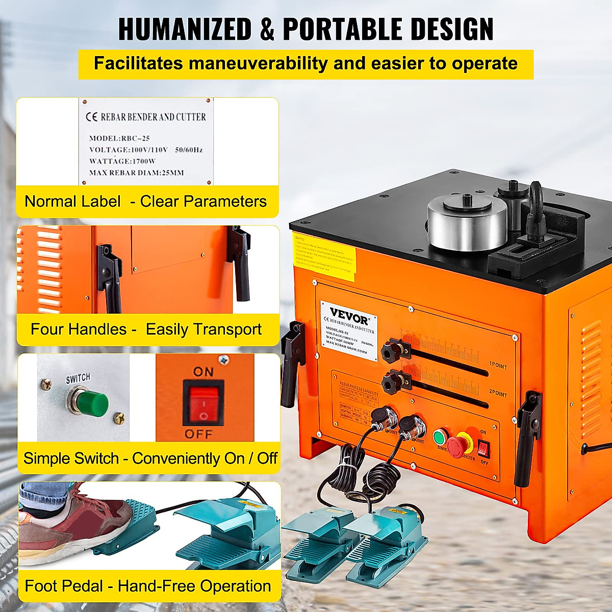 VEVOR Hydraulic Rebar Bender, 3000 Wattage Electric Rebar Bender, 1-1/4'' / 32 mm #10 Grade 60 Max Rebar Diameter, Rebar Steel Bender Machine, Bending Machine for Bending Rebar, Steel Bar, Steel Rod