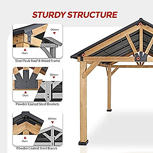EAGLE PEAK 13x11 Cedar Framed Patio Gazebo, Natrual Wood Outdoor Pavilion Cabana with Black Steel Gable Hardtop Roof, 12x10 Frame, Black